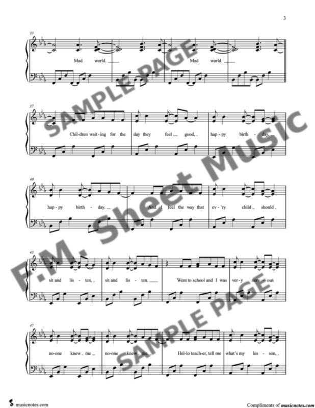 Mad World (Intermediate Piano) By Gary Jules, Tears for Fears - F.M. Sheet Music - Pop ...